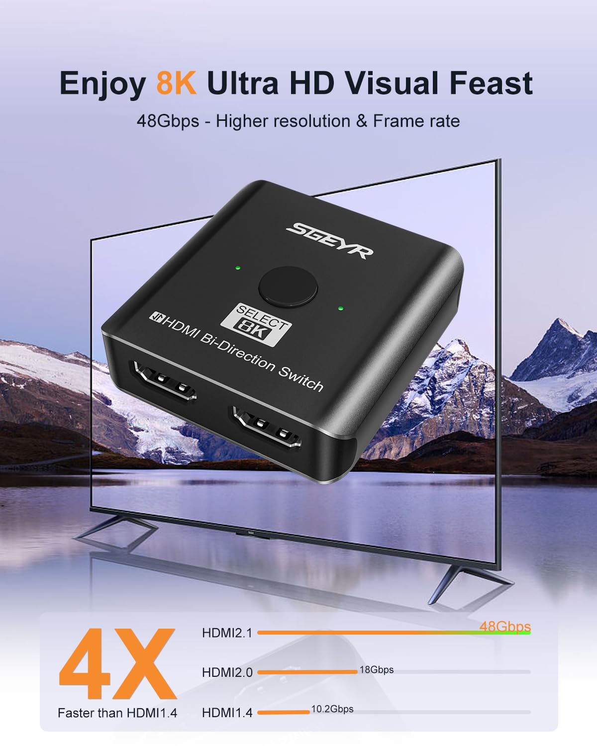 SGEYR HDMI Switch, 8K HDMI Switcher 2 in 1 Out,HDMI 2.1 Switch Selector,Aluminum HDMI 2.1 Splitter Bi-Directional Ultra HD, Support 8K@60Hz,48Gbps, Compatible with PS5/4,Xbox,Roku