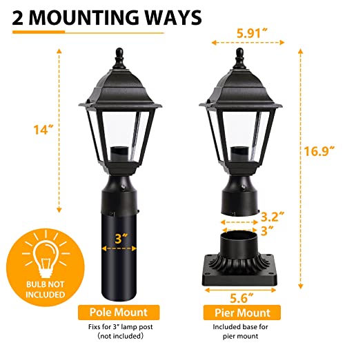 Dusk to Dawn Outdoor Post Lights Hardwired 120V, Aluminum Outside Post Lantern with Pier Mount, Exterior Lamp Pole Lantern Head with Clear Glass, Matte Black Post Light for Patio,Garden,Walkway