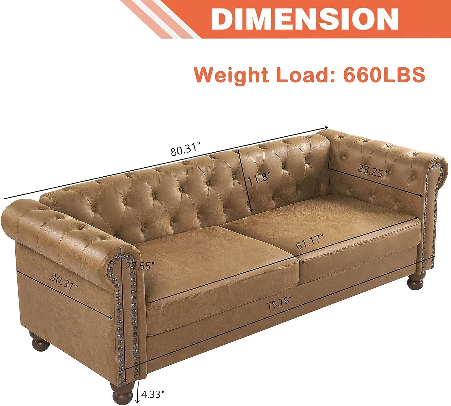 LAVHOME Upholstered Chesterfield Button Tufted Nailhead Modern Pu Leather 3 Seater Sofa Classic Rolled Arm Lrarge Couch for Living Room Bedroon Brown