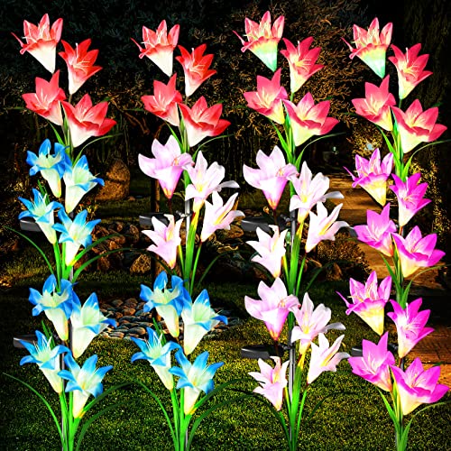 12 Pack Solar Outdoor Lights with 48 Lily Flowers Solar Powered Outdoor Flower Lights Waterproof 7 Color Change LED Flower Lights Realistic Garden Decorative Stake Light for Garden Yard Lawn Patio