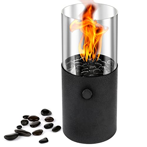 Portable Tabletop Fireplace Small Propane Fire Pit, Outdoor 6.3 Inch Round Iron Sheet Tabletop Gas Firebowl, with Clear Heat-Resistant Glass and are Many Pebbles, for Garden, Pool, Patio