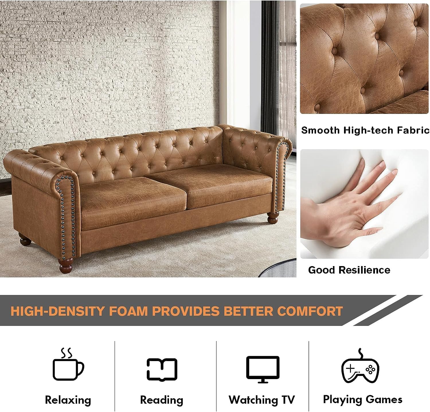 LAVHOME Upholstered Chesterfield Button Tufted Nailhead Modern Pu Leather 3 Seater Sofa Classic Rolled Arm Lrarge Couch for Living Room Bedroon Brown