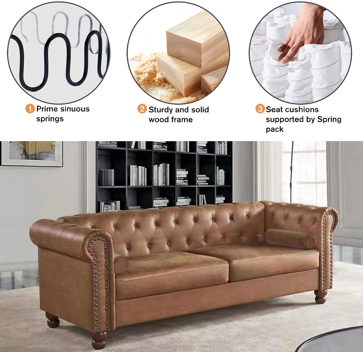 LAVHOME Upholstered Chesterfield Button Tufted Nailhead Modern Pu Leather 3 Seater Sofa Classic Rolled Arm Lrarge Couch for Living Room Bedroon Brown