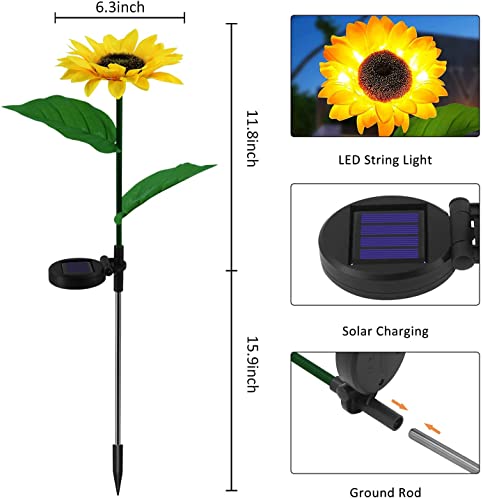 Sunflower Solar Lights Outdoor Garden Decorative Garden Stakes, Solar LED Pathway Decor Lights, Solar Flowers, IP65 Waterproof for Garden Patio Lawn Yard Porch Walkway(2 Pack)
