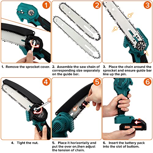 Mini Chainsaw Cordless 6 Inch/8 Inch Handheld Chainsaw- 24V Hand Saw Battery Powered, Pruning Saw for Tree Branches, Courtyard, Household, Garden, Wood Cutting Tree Trimming(2 Batteries+ 4 Chains)