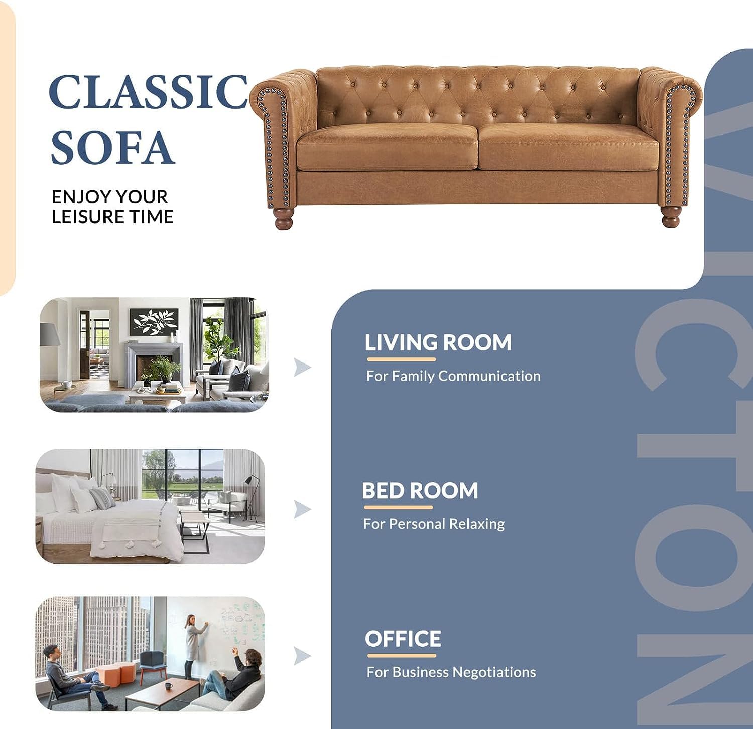 LAVHOME Upholstered Chesterfield Button Tufted Nailhead Modern Pu Leather 3 Seater Sofa Classic Rolled Arm Lrarge Couch for Living Room Bedroon Brown