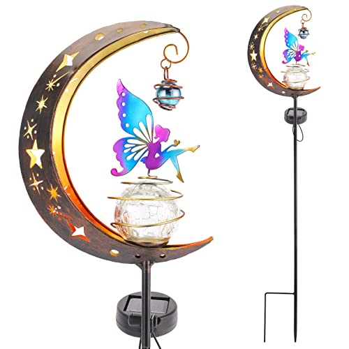 HEDAQI Solar Garden Light Moon Fairy Stake Lights Crackle Glass Globe with Color Angel Decor, Outdoor LED Pathway Lights Waterproof for Walkway, Yard, Lawn, Patio or Courtyard(Warm Light)