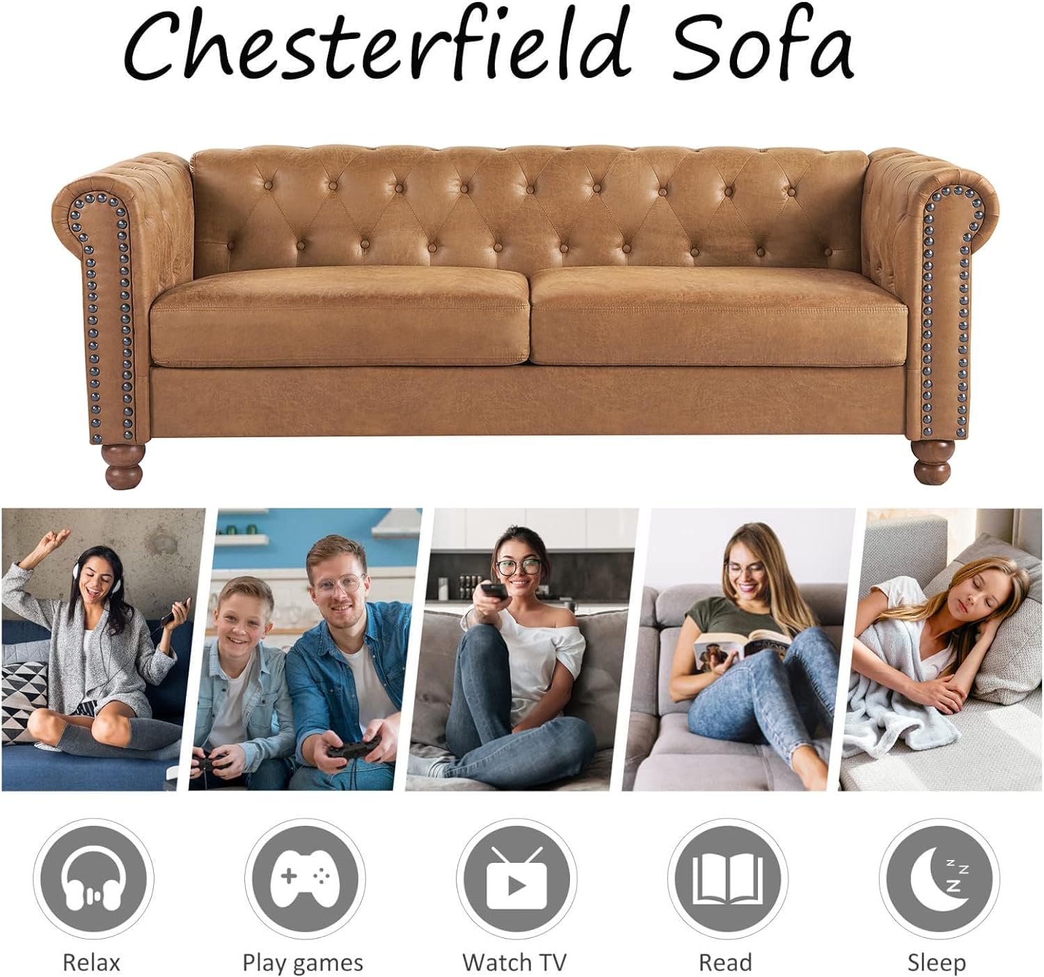 LAVHOME Upholstered Chesterfield Button Tufted Nailhead Modern Pu Leather 3 Seater Sofa Classic Rolled Arm Lrarge Couch for Living Room Bedroon Brown