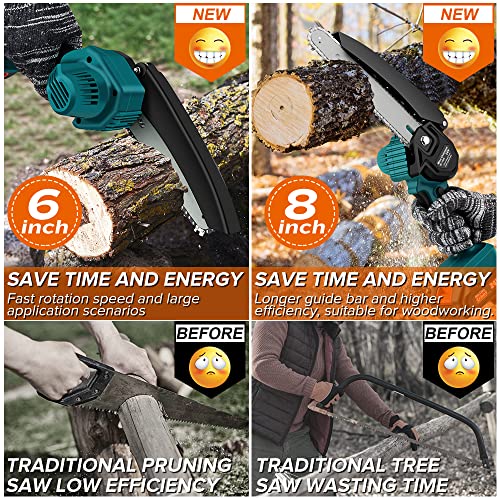 Mini Chainsaw Cordless 6 Inch/8 Inch Handheld Chainsaw- 24V Hand Saw Battery Powered, Pruning Saw for Tree Branches, Courtyard, Household, Garden, Wood Cutting Tree Trimming(2 Batteries+ 4 Chains)