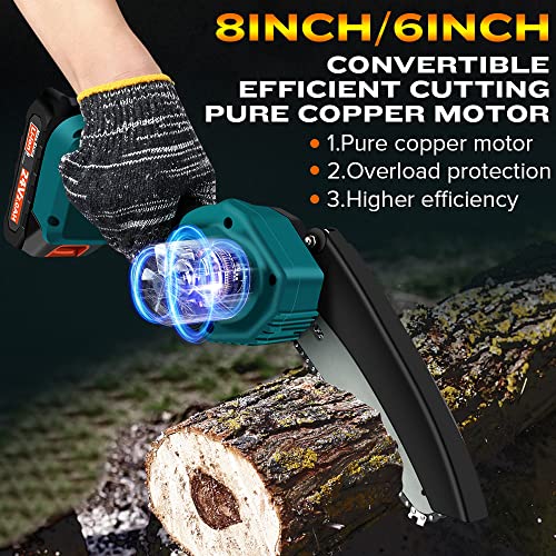 Mini Chainsaw Cordless 6 Inch/8 Inch Handheld Chainsaw- 24V Hand Saw Battery Powered, Pruning Saw for Tree Branches, Courtyard, Household, Garden, Wood Cutting Tree Trimming(2 Batteries+ 4 Chains)
