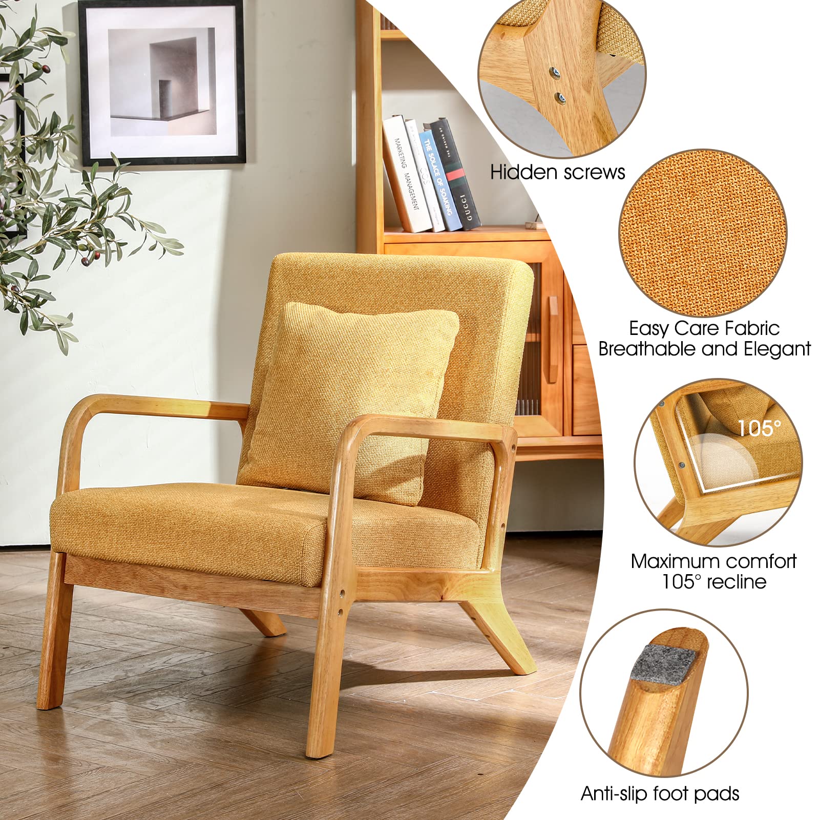 WACASA Accent Chair, Mid-Century Modern Side Chairs for Living Room, Bedroom, Balcony, Reading Room, Deeper Sitting Chair with Pillow, Comfortable Armchair with Solid Wood Frame & Soft Cushion,Yellow