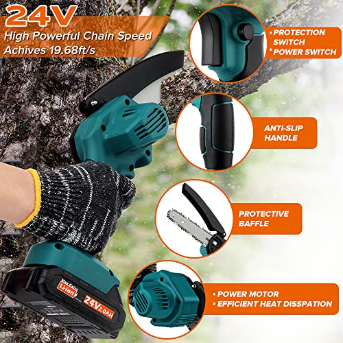 Mini Chainsaw Cordless 6 Inch/8 Inch Handheld Chainsaw- 24V Hand Saw Battery Powered, Pruning Saw for Tree Branches, Courtyard, Household, Garden, Wood Cutting Tree Trimming(2 Batteries+ 4 Chains)
