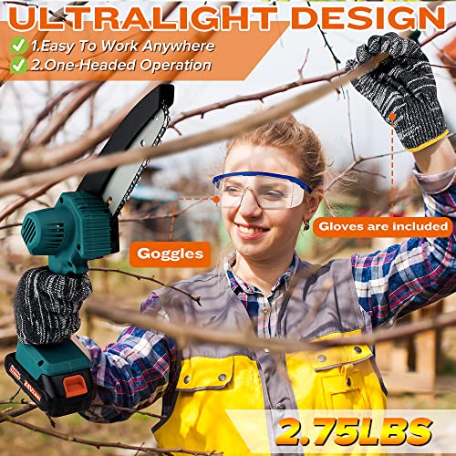 Mini Chainsaw Cordless 6 Inch/8 Inch Handheld Chainsaw- 24V Hand Saw Battery Powered, Pruning Saw for Tree Branches, Courtyard, Household, Garden, Wood Cutting Tree Trimming(2 Batteries+ 4 Chains)