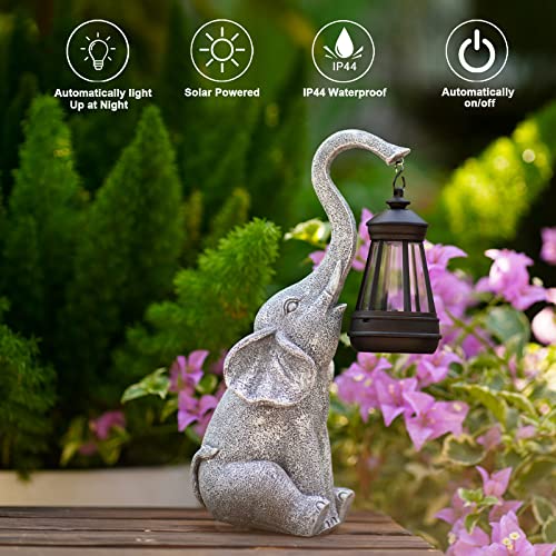 Goodeco Elephant Statue with Solar Lantern - Ideal Gifts for Women, Mom or Birthday, Beautifully Crafted Elephant Lamp Outdoor Statues, Garden Decor Made Easy (Elephant)