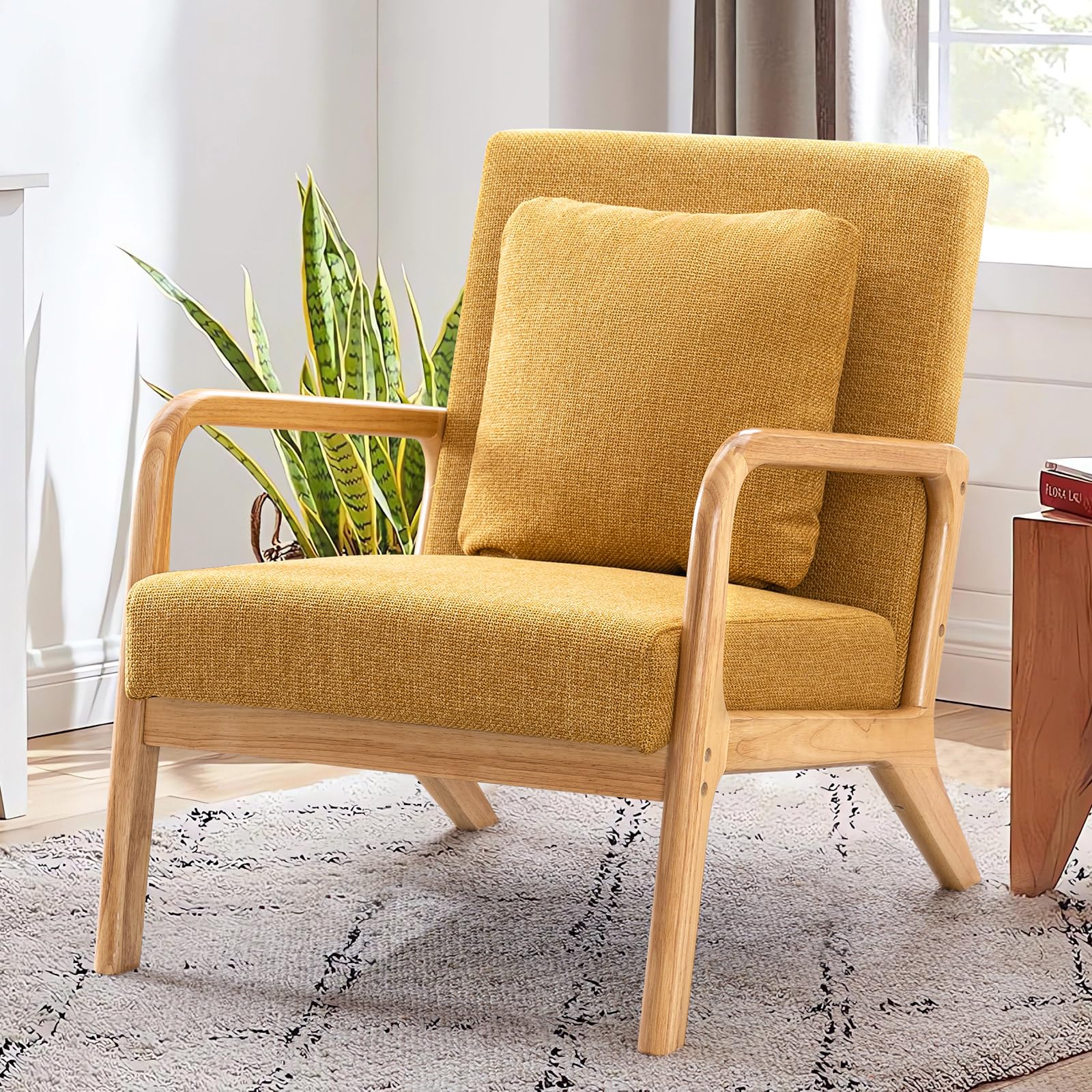 WACASA Accent Chair, Mid-Century Modern Side Chairs for Living Room, Bedroom, Balcony, Reading Room, Deeper Sitting Chair with Pillow, Comfortable Armchair with Solid Wood Frame & Soft Cushion,Yellow