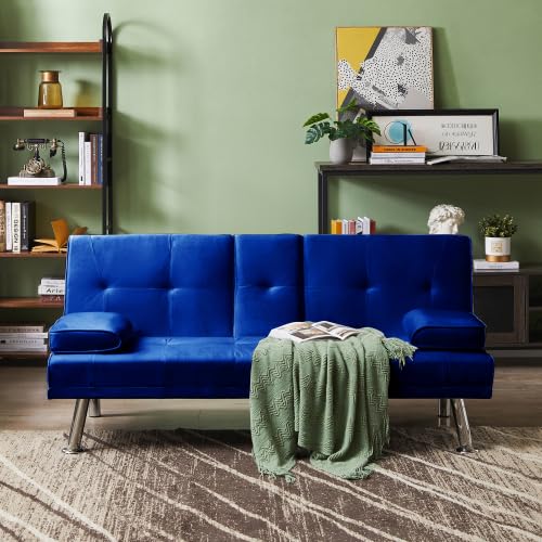 Modern Futon Sofa Bed, Convertible Folding Sleeper Couch for Compact Living Space, Velvet Upholstered Loveseat Couch Bed for Office Apartment, Dorm,2 Cupholders and Armrest, Metal Legs (Blue Velvet)