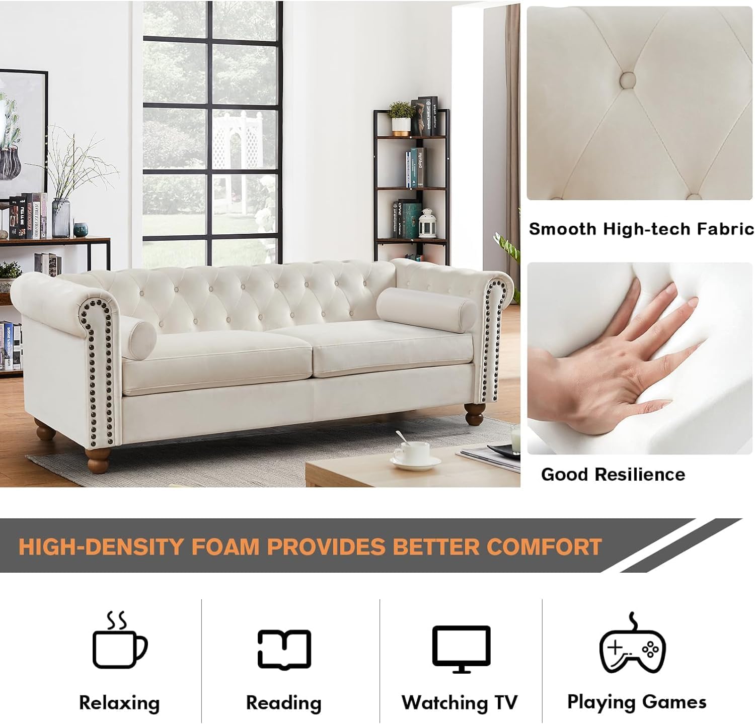 LAVHOME Classic Traditional Living Room Upholstered high-tech Surface/Chesterfield Tufted Fabric Sofa Couch, Large-White