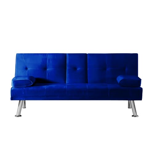 Modern Futon Sofa Bed, Convertible Folding Sleeper Couch for Compact Living Space, Velvet Upholstered Loveseat Couch Bed for Office Apartment, Dorm,2 Cupholders and Armrest, Metal Legs (Blue Velvet)
