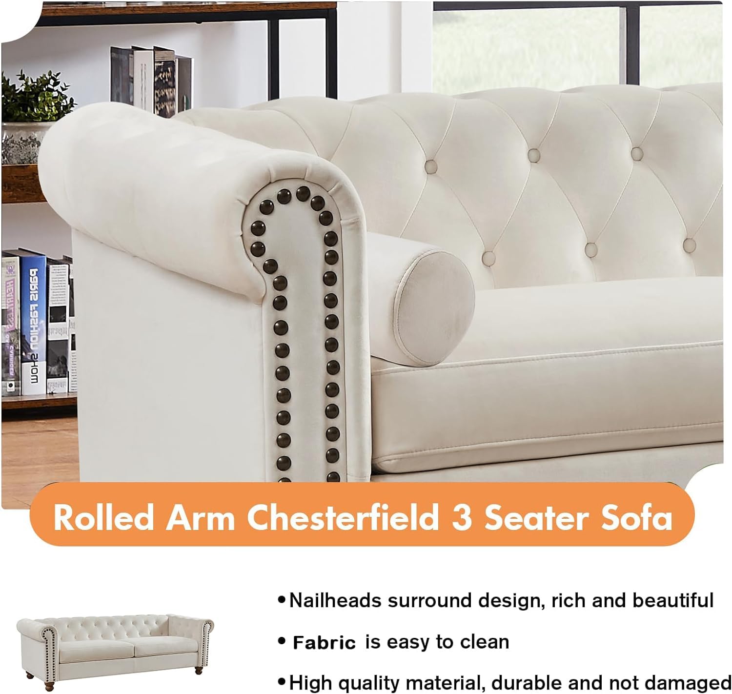 LAVHOME Classic Traditional Living Room Upholstered high-tech Surface/Chesterfield Tufted Fabric Sofa Couch, Large-White