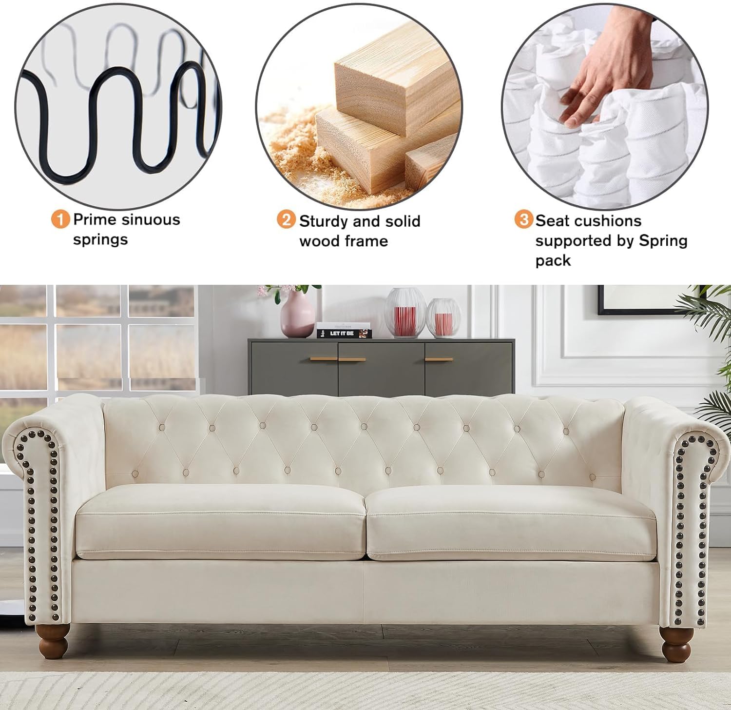 LAVHOME Classic Traditional Living Room Upholstered high-tech Surface/Chesterfield Tufted Fabric Sofa Couch, Large-White