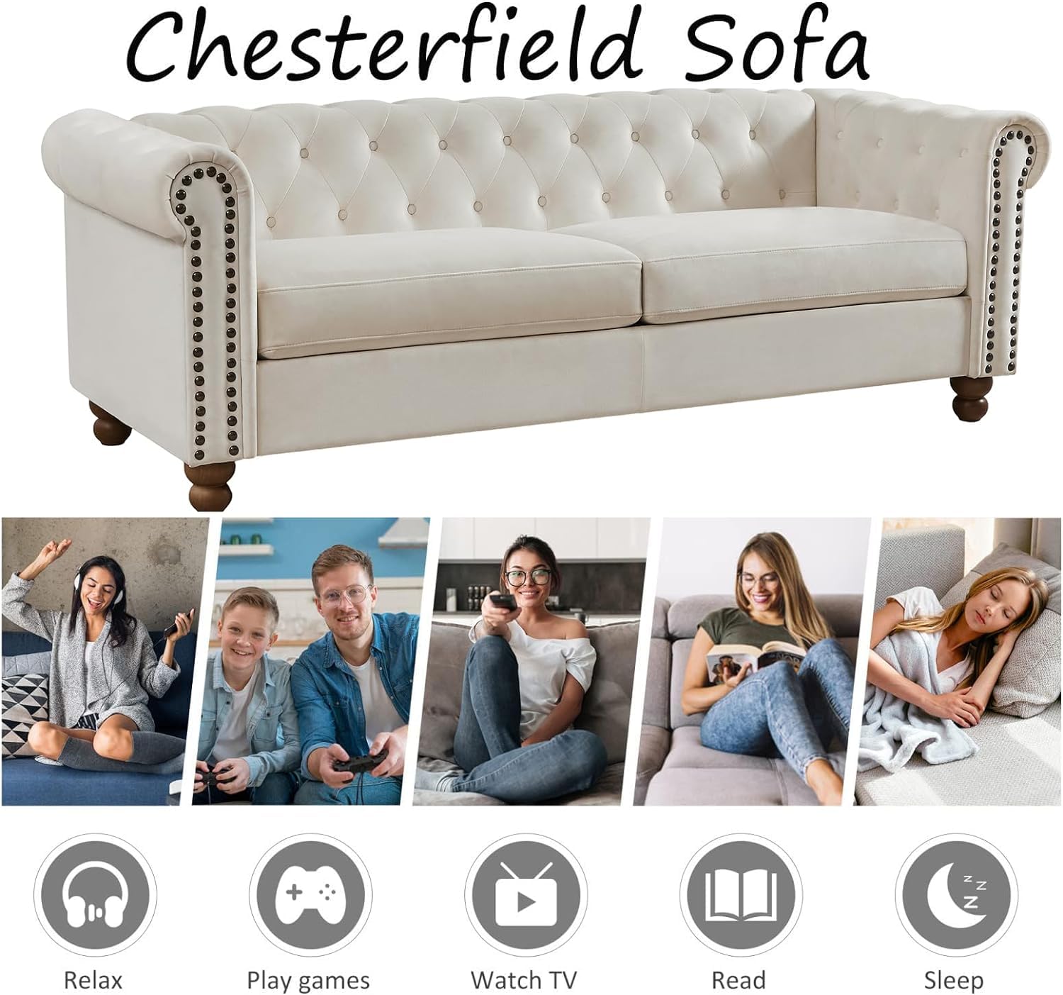 LAVHOME Classic Traditional Living Room Upholstered high-tech Surface/Chesterfield Tufted Fabric Sofa Couch, Large-White
