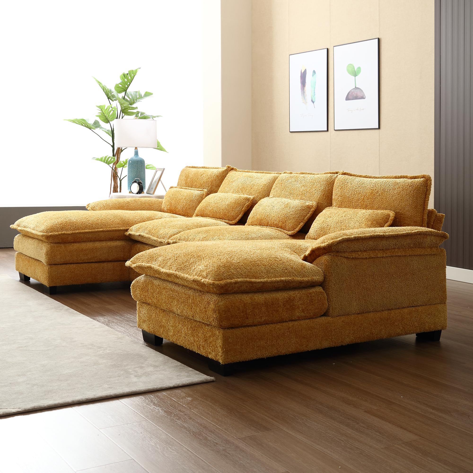GNIXUU 110" Sectional Sofa Cloud Couch for Living Room, Modern Chenille U Shaped Couch, Comfy Modular Sofa Sleeper with Double Chaise & Memory Foam(Mustard Yellow)