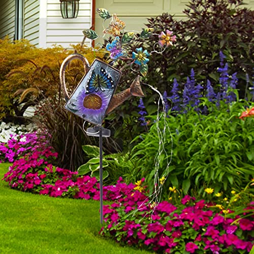Solar Outdoor Watering Can Lights-Butterfly Decorative Path Lights, Metal Glass Solar Powered Garden Waterfall Decor Ornament for Yard Lighting Outside