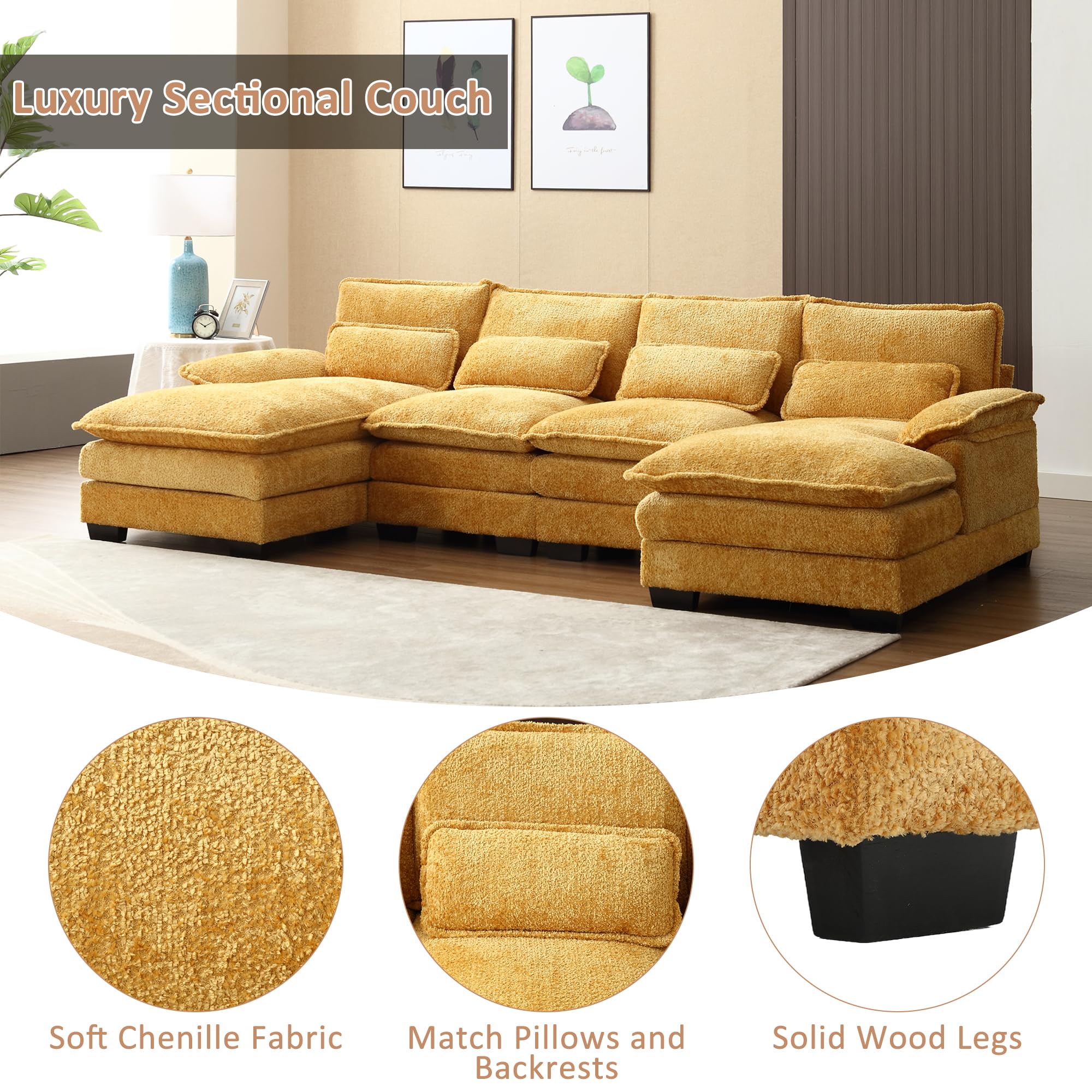 GNIXUU 110" Sectional Sofa Cloud Couch for Living Room, Modern Chenille U Shaped Couch, Comfy Modular Sofa Sleeper with Double Chaise & Memory Foam(Mustard Yellow)