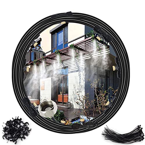 Misting Cooling System 82ft Outdoor Misting Line 25m with 21 Brass Mist Nozzles 3/4" Brass Adapter for Patio Misting System Pre-Assembled Outdoor Mister for Garden Greenhouse Trampoline Playground