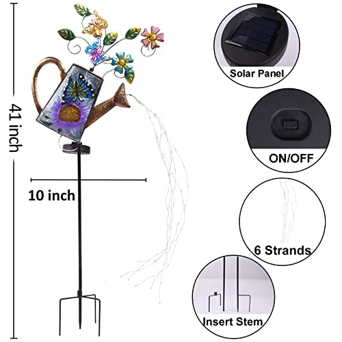 Solar Outdoor Watering Can Lights-Butterfly Decorative Path Lights, Metal Glass Solar Powered Garden Waterfall Decor Ornament for Yard Lighting Outside