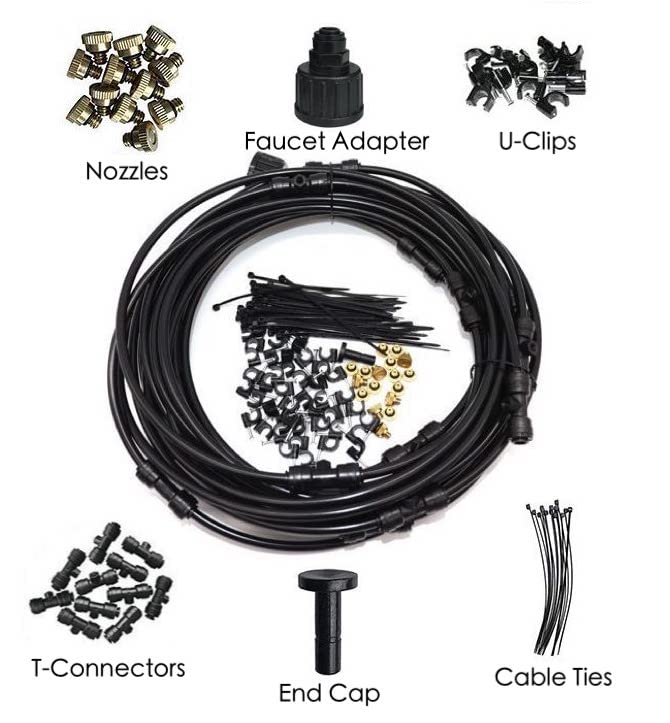 Misting Cooling System 82ft Outdoor Misting Line 25m with 21 Brass Mist Nozzles 3/4" Brass Adapter for Patio Misting System Pre-Assembled Outdoor Mister for Garden Greenhouse Trampoline Playground