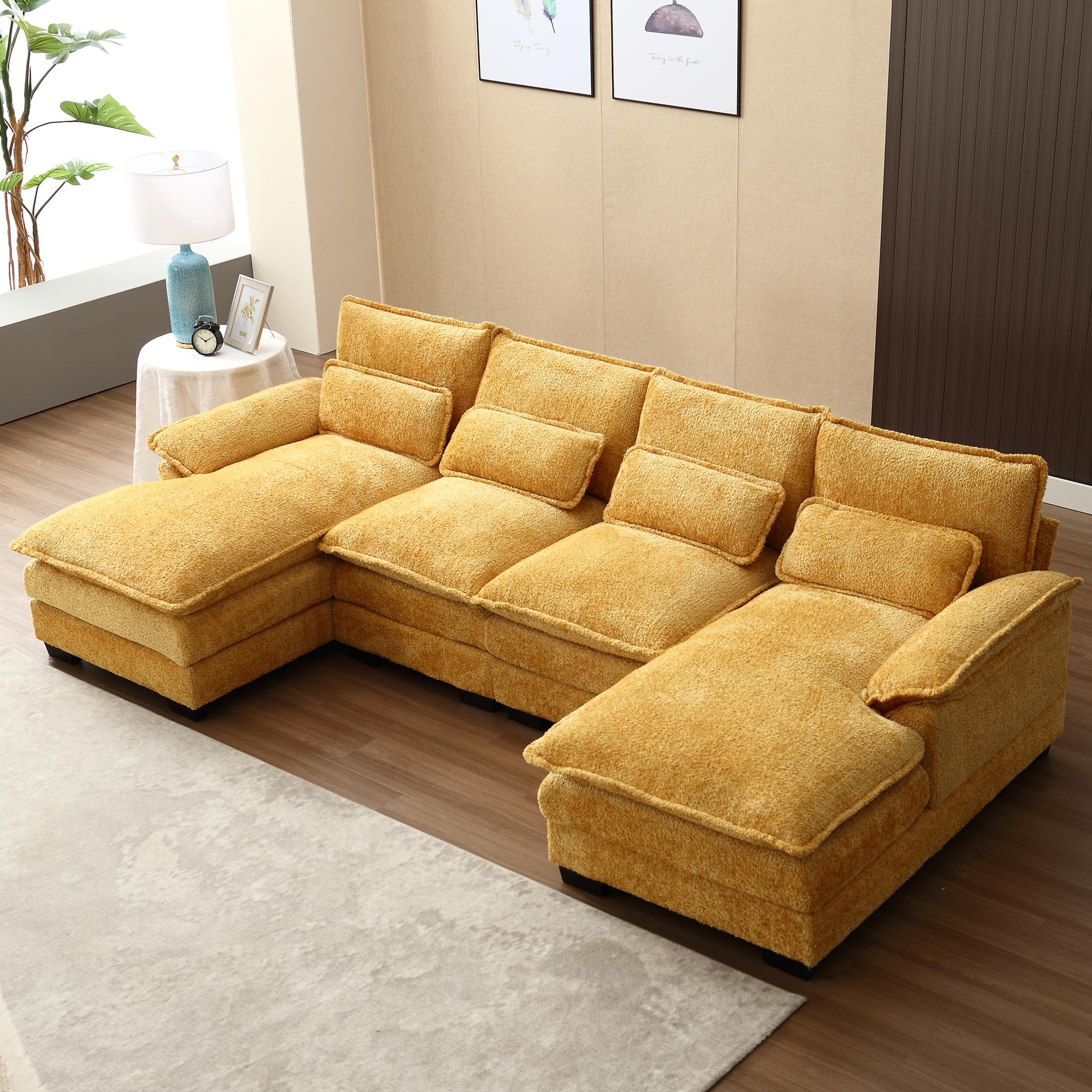 GNIXUU 110" Sectional Sofa Cloud Couch for Living Room, Modern Chenille U Shaped Couch, Comfy Modular Sofa Sleeper with Double Chaise & Memory Foam(Mustard Yellow)