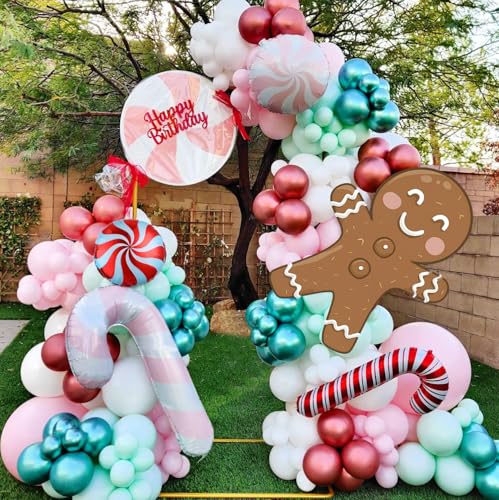 Enanal Pink Christmas Balloon Garland Arch Kit, 146pcs Pastel Pink Green Metallic Red Green Balloons with Candy Cane Gingerbread Foil Balloons for Christmas New Year Party Decoration (Pink)