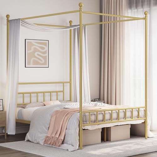 Yaheetech Canopy Bed Frames Metal Four-Poster Canopied Platform Bed with Headboard and Footboard, Sturdy Slatted Structure/Ground Clearance: 11.2" /Antique Gold/Full Bed