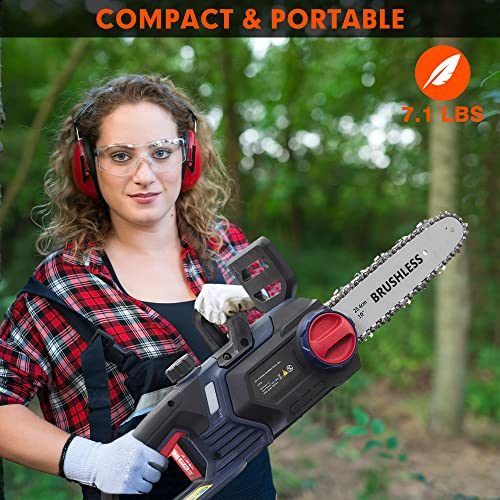 Dextra Cordless Chainsaw, Brushless 10-Inch Battery Chainsaw,Power Chain Saws for Trees Wood Garden Ranch Forest Cutting, Auto-Tension & Auto-Lubrication, 4.0Ah Battery and Charger Included