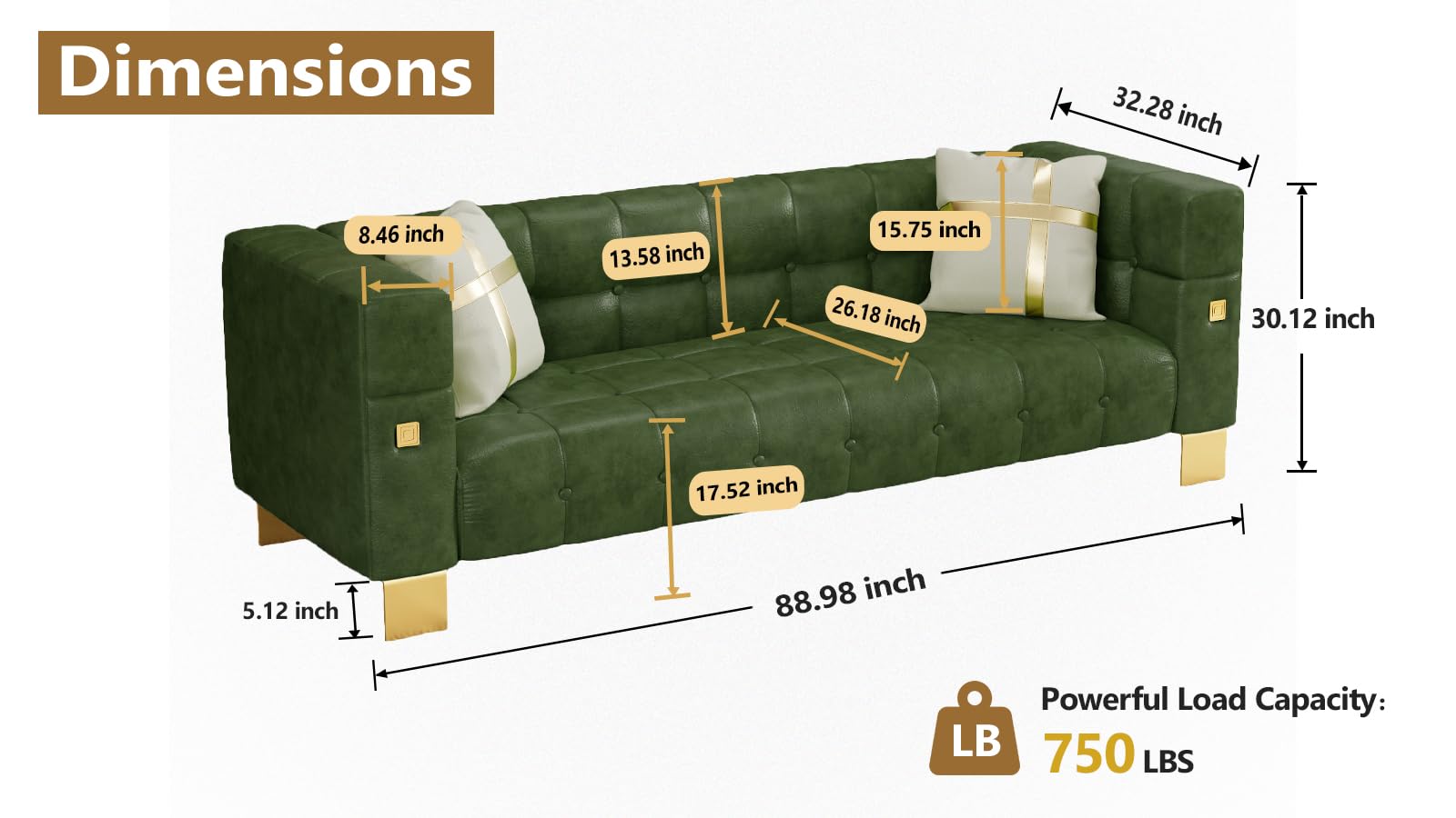 ReyTinn PU Faux Leather Sofa, 83.86" Mid-Century Modern Oversized Loveseat Couch, Large Classic Upholstered 3-Seater Deep Sofa with Arms for Living Room, Apartment, Office Green