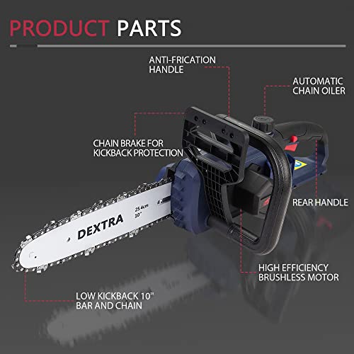 Dextra Cordless Chainsaw, Brushless 10-Inch Battery Chainsaw,Power Chain Saws for Trees Wood Garden Ranch Forest Cutting, Auto-Tension & Auto-Lubrication, 4.0Ah Battery and Charger Included