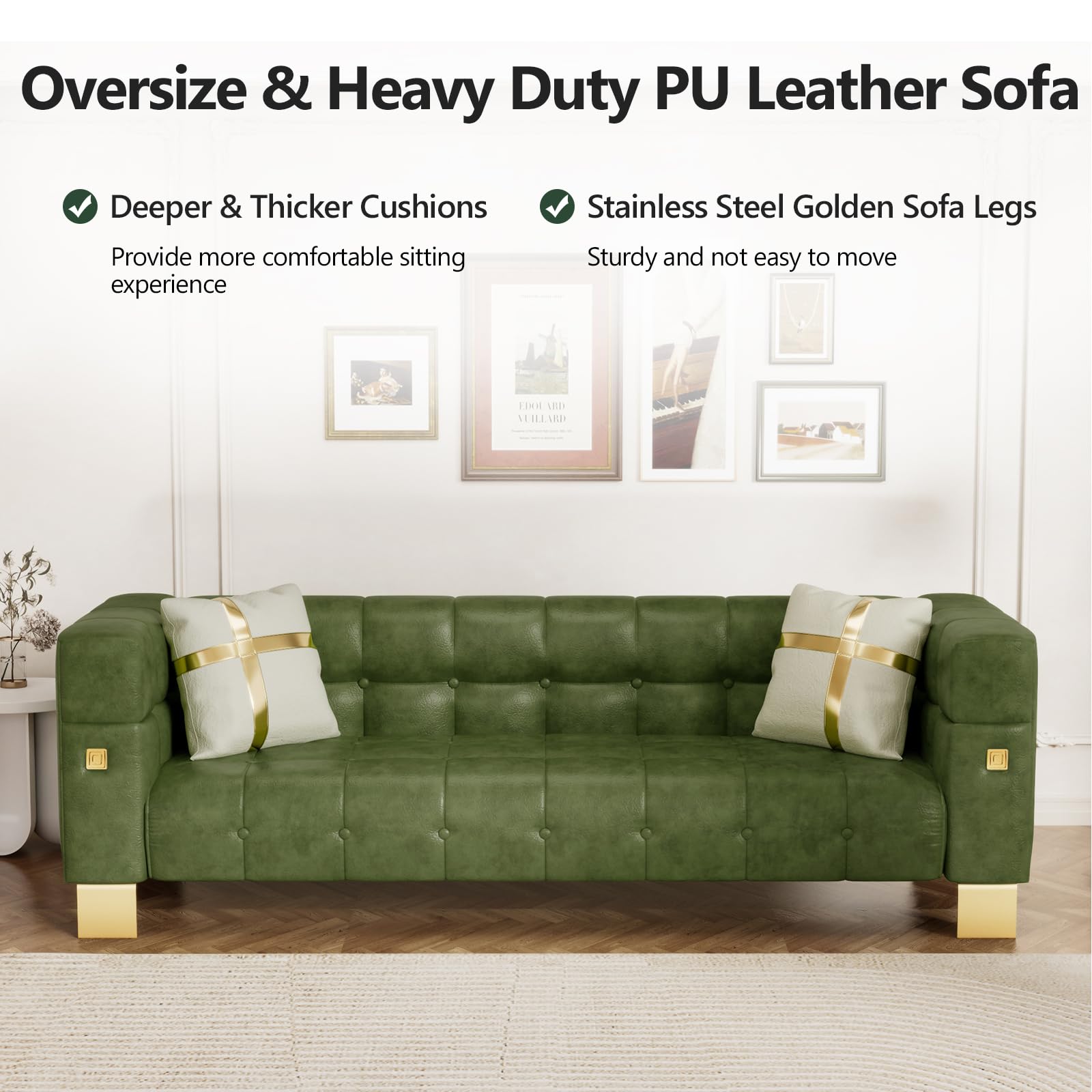 ReyTinn PU Faux Leather Sofa, 83.86" Mid-Century Modern Oversized Loveseat Couch, Large Classic Upholstered 3-Seater Deep Sofa with Arms for Living Room, Apartment, Office Green