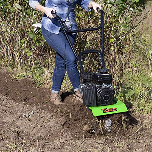 Tazz 35310 2-in-1 Front Tine Tiller/Cultivator, 79cc 4-Cycle Viper Engine, Gear Drive Transmission, Forged Steel Tines, Multiple Tilling Widths of 11β, 16β & 21β, Toolless Removable Side Shields,Green