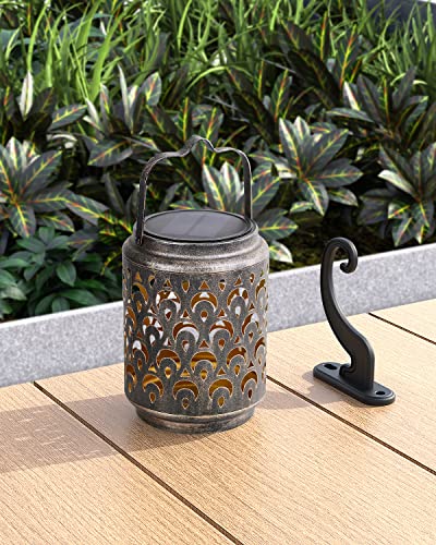 Solar Lanterns Hanging Outdoor Solar Lights with Handle,Waterproof Decorative Garden Light Metal Warm White Landscape Lighting for Garden Patio Courtyard Lawn for Yard Tree Fence Brown