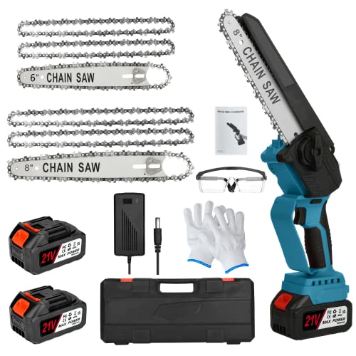 Mini ChainSaw Cordless with 2 Battery, 8&6 Inch Mini Handheld Chain Saw with Replacement Chain, Small Battery Powered Electric Portable Chain Saw for Branch Wood Cutting and Garden Tree Trimming