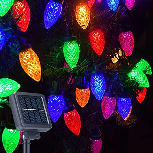 Outdoor Solar Christmas Lights C9 Strawberry String Lights, 31ft 50 LED Solar Garden Christmas Fairy Lights For Christmas Tree Backyard Window Railing Deck Camping Chicken Coop, Multicolor 8 Modes