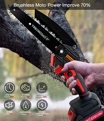 Mini Chainsaw Cordless 6-Inch with 2 Battery, YINLONGDAO Electric Compact Chain Saw with Brushless motor, Handheld Chain Saw Pruning Shears Chainsaw for Courtyard, Tree Branches, Household and Garden