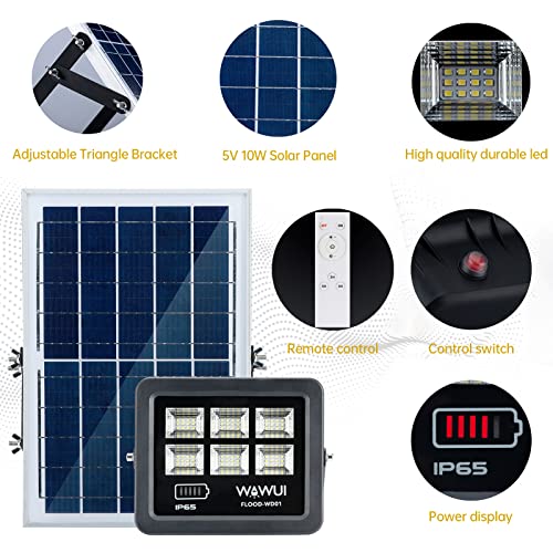 WAWUI Solar LED Flood Lights Outdoor with Remote 80W Solar Security Flood Lights Dusk to Dawn IP65 Waterproof 800 LM 6500K Solar Powered Flood Lights for Garden, Garage, Pathway, Deck