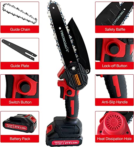 Mini Chainsaw Cordless 6-Inch with 2 Battery, YINLONGDAO Electric Compact Chain Saw with Brushless motor, Handheld Chain Saw Pruning Shears Chainsaw for Courtyard, Tree Branches, Household and Garden
