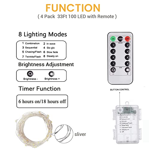 4-Pack 33FT 100 LED Fairy Lights Battery Operated with Remote & Timer, Waterproof String Lights Outdoor Indoor Bedroom Decor, 8 Mode Twinkle Lights for Girl Room Xmas Party Wedding Garden (Warm White)