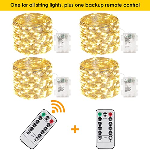 4-Pack 33FT 100 LED Fairy Lights Battery Operated with Remote & Timer, Waterproof String Lights Outdoor Indoor Bedroom Decor, 8 Mode Twinkle Lights for Girl Room Xmas Party Wedding Garden (Warm White)