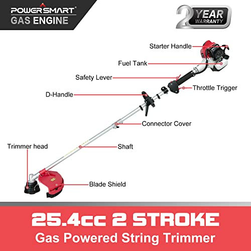 PowerSmart String Trimmer & Edger, 2 Stroke Weed Wacker with Straight Shaft, 25.4CC Gas Powered Weed Eater with 16" Cutting Path, 2 in 1 Brush Cutter with 10" Blade, Edger Lawn Tool for Yard, Garden