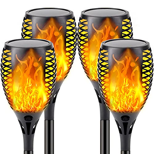 4-Pack Solar Flame Torch (Larger Size & Higher), 90 LED Solar Outdoor Lights for Garden Decorations with Flickering Flame, Waterproof Tiki Torches Solar Lights for Outside Pathway Patio Yard Landscape