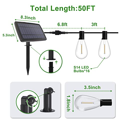 TJOY Solar String Lights Outdoor Patio Lights, 50ft Solar Powered Waterproof String Lights, 2700K Warm White Hanging Lights with 12pcs Shatterproof S14 E12 Bulbs for Patio, Backyard, Porch, Outdoors